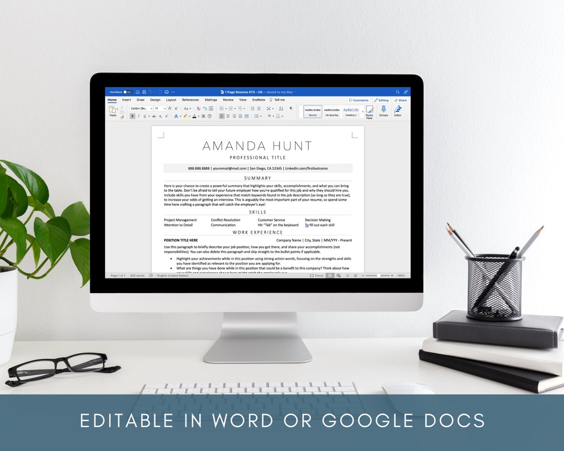 ATS Friendly Resume Template for Microsoft Word, MS Word, Google Docs ...