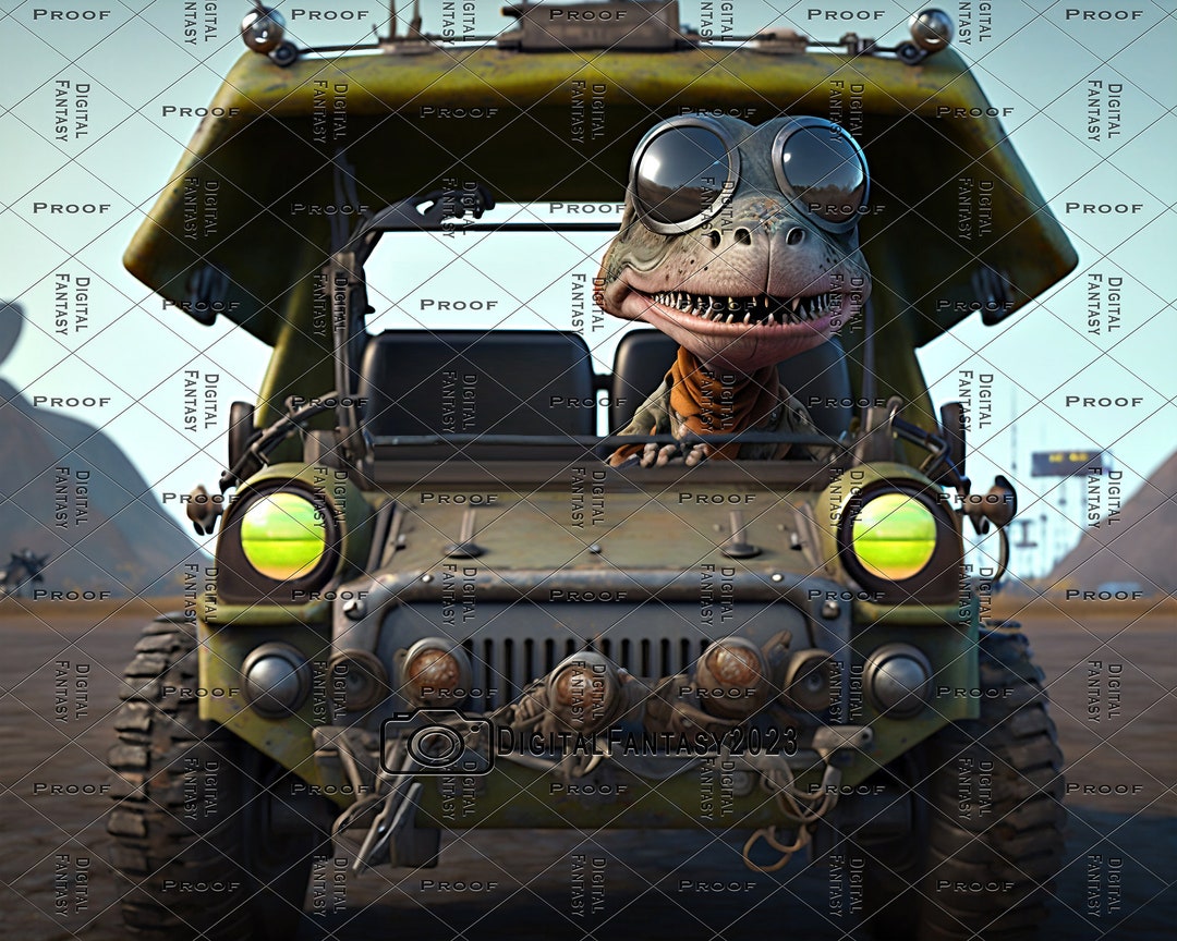 Dino Driving Jeep, Digital Background, Backdrop, Fantasy, Composite ...