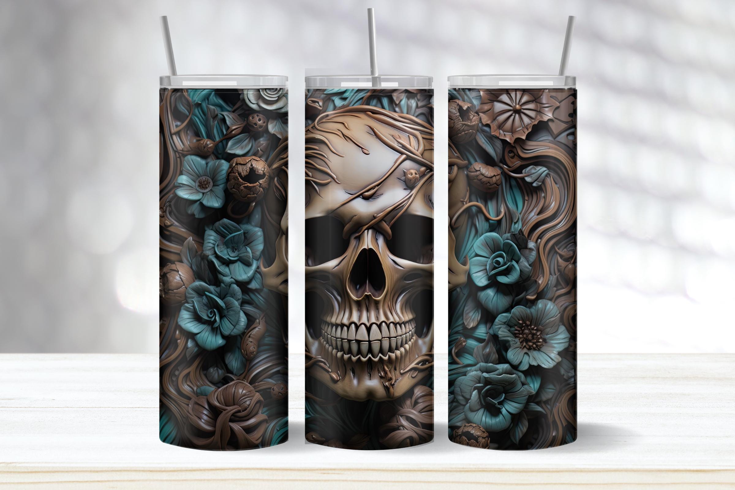3D Skull Tumbler Wrap PNG, Halloween 20oz Skinny Tumbler Sublimation ...