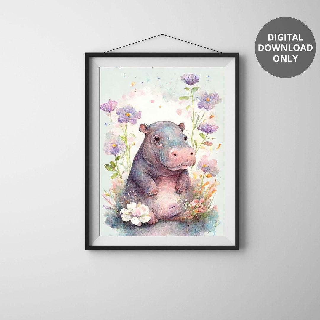 Baby Hippo Spring Flowers Art Print: Colorful Nursery Decor (digital ...