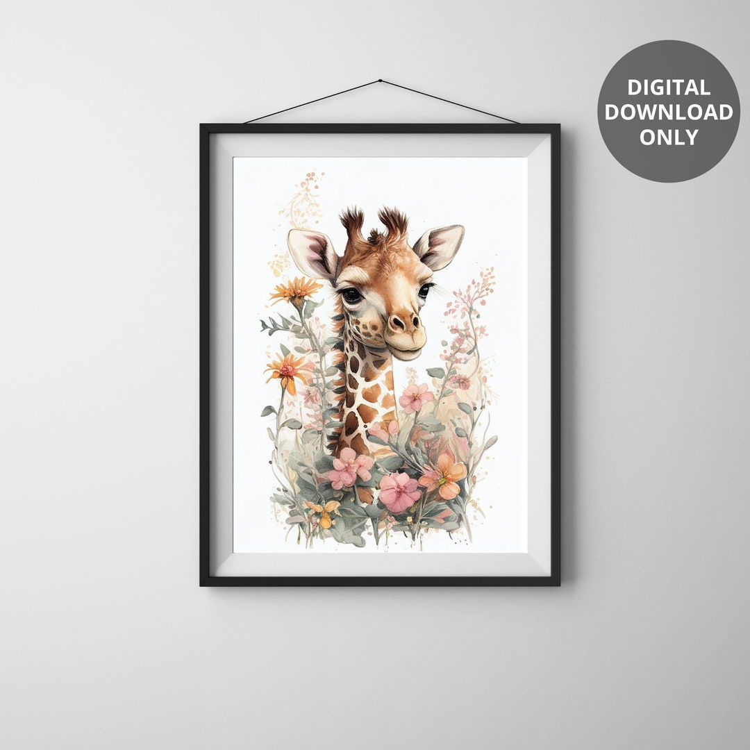 Giraffe With Spring Flowers Watercolor Hi Res Clip Art, Digital ...