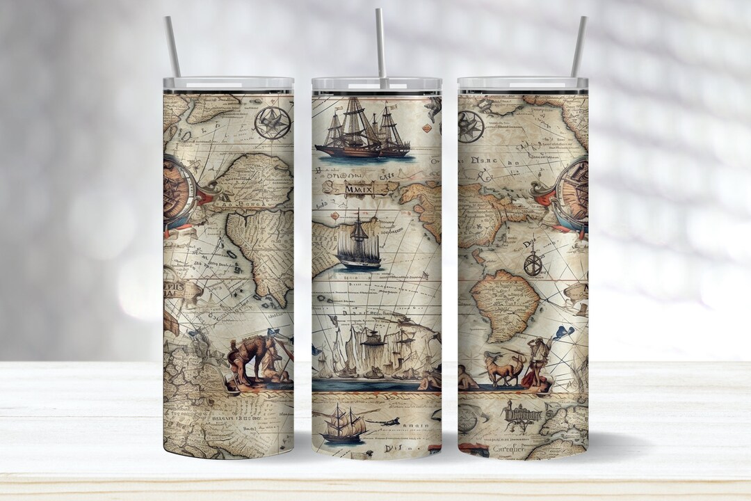 Antique World Map Seamless Tumbler Wrap PNG, Travel Map 20oz Skinny ...