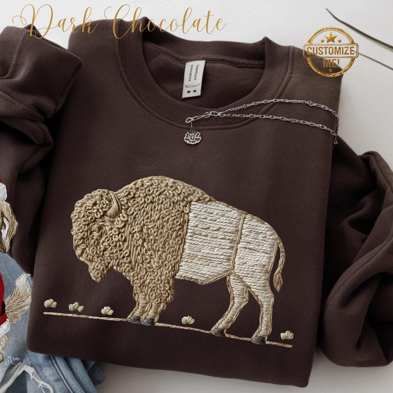 Bison Printed Sweatshirt: Boho Bison Printed Embroidery Look Vintage ...