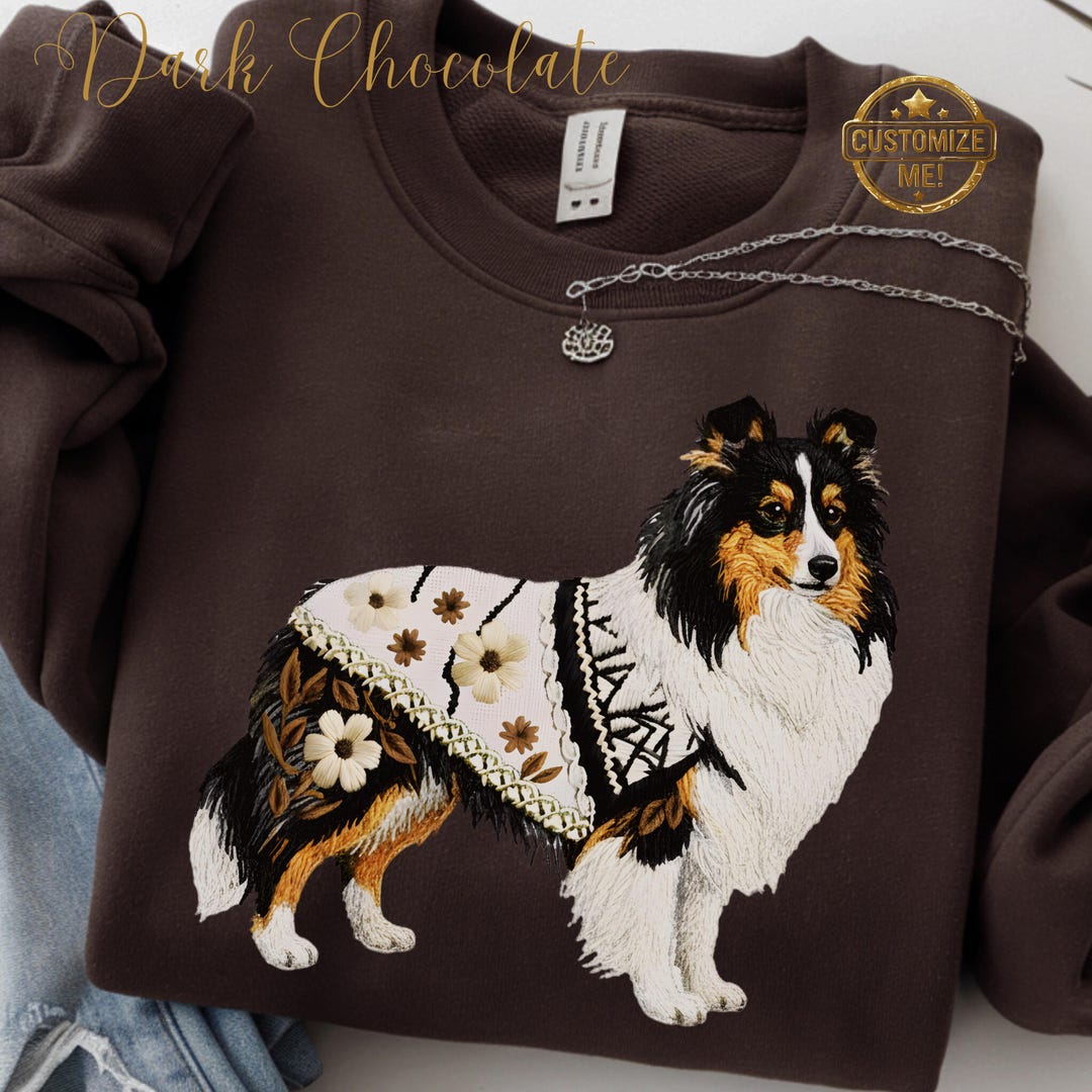 Shetland Sheepdog Printed Sweatshirt, Printed Embroidery Look Collie ...