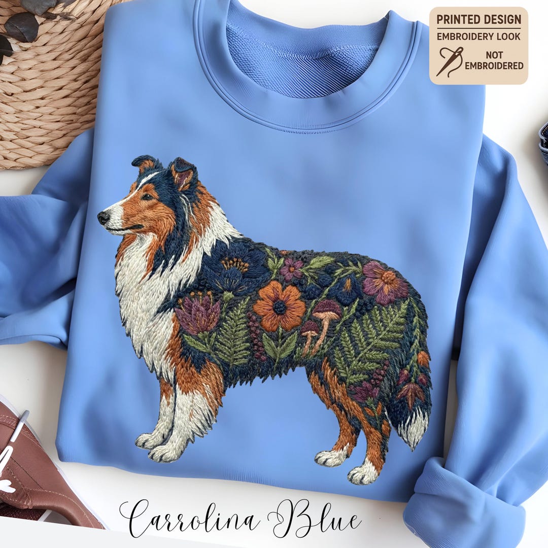 Shetland Sheepdog Sweatshirt, Printed Embroidery Look Collie Sheltie ...