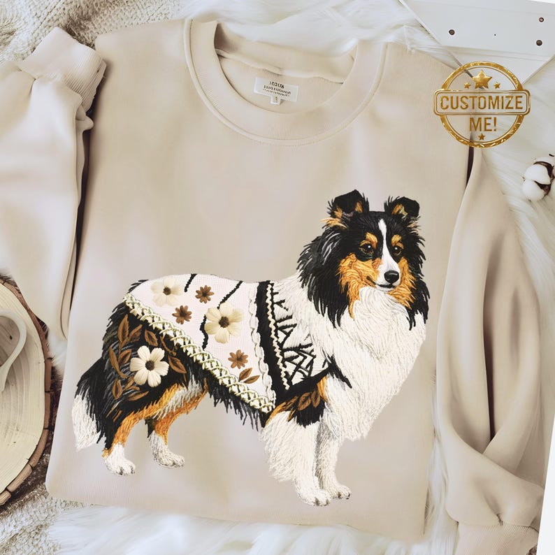 Shetland Sheepdog Printed Sweatshirt, Printed Embroidery Look Collie ...