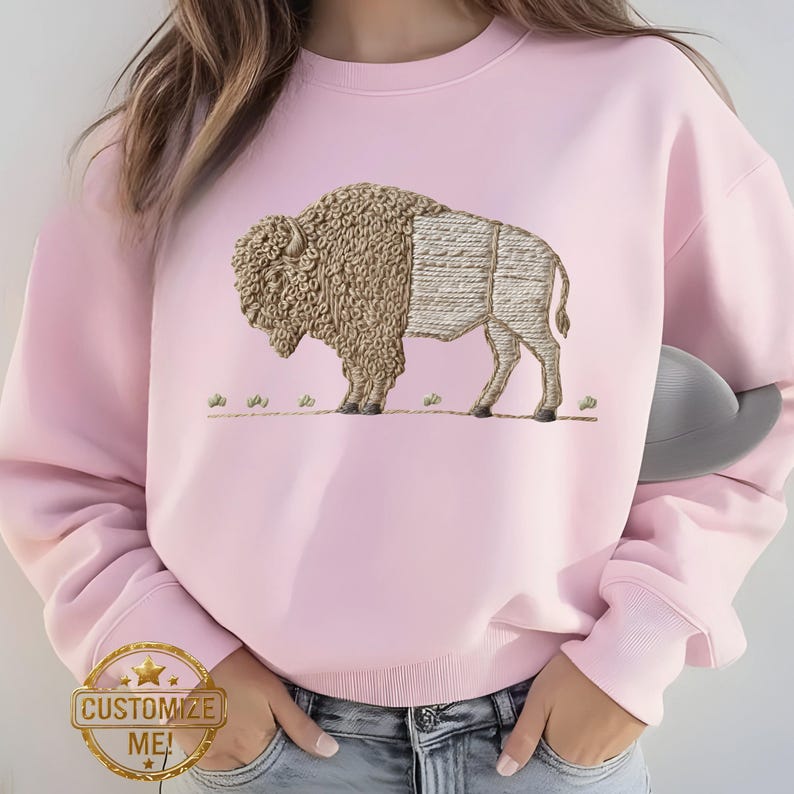 Bison Printed Sweatshirt: Boho Bison Printed Embroidery Look Vintage ...
