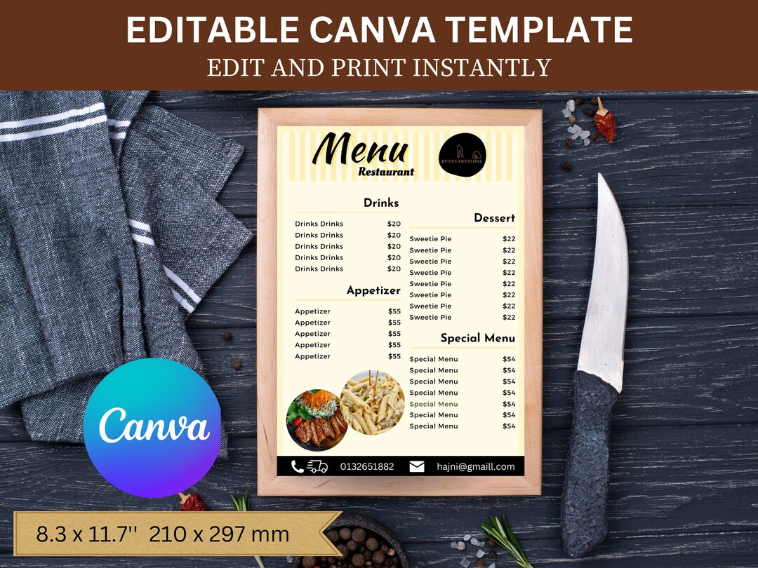 Editable Canva Restaurant Food Menu Minimalist Business Menu , Editable ...