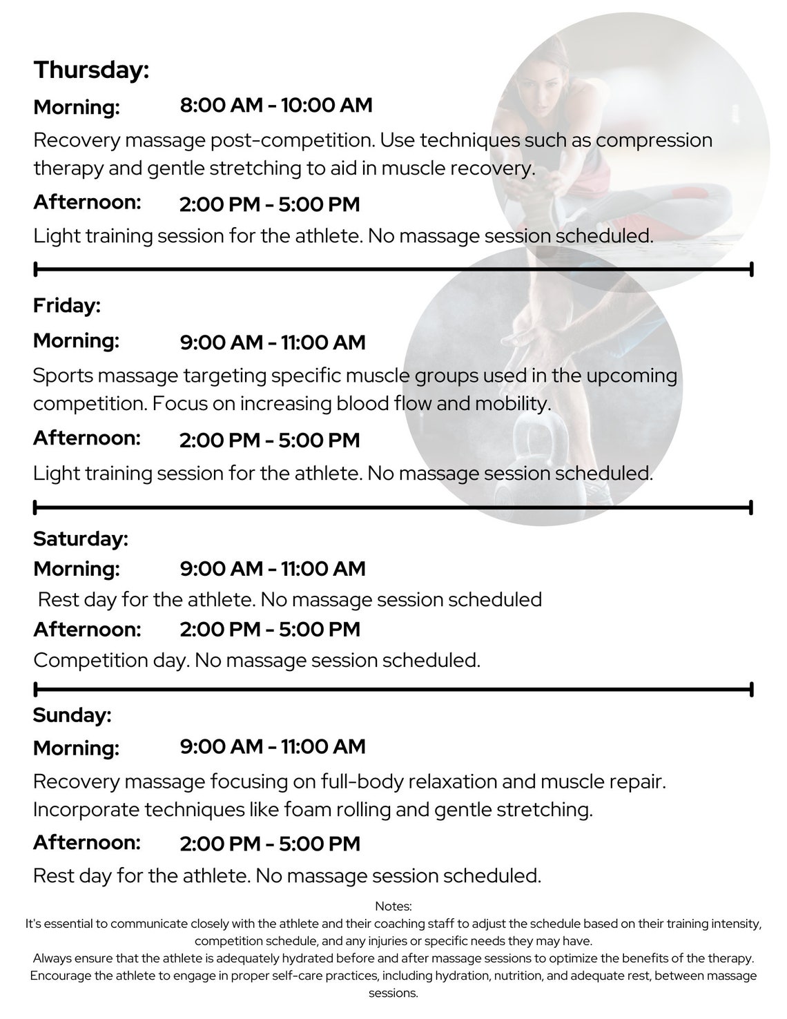 Sample Athlete Schedule for Massage Therapy and Worksheet - Etsy