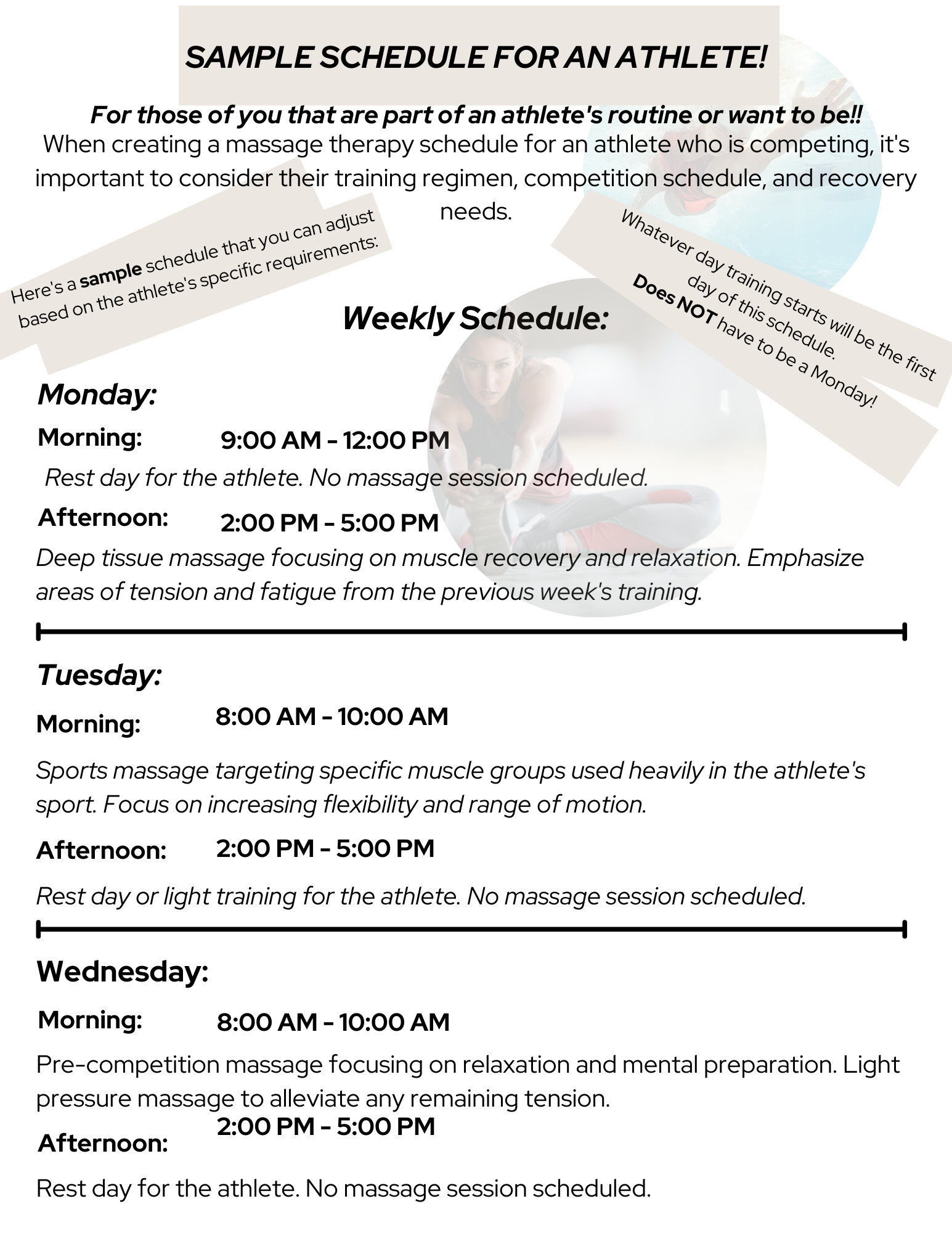 Sample Athlete Schedule for Massage Therapy and Worksheet - Etsy