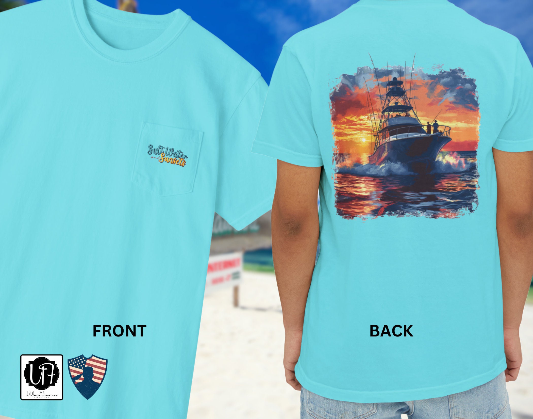 Salt Water and Sunsets Comfort Colors Pocket Tee Custom Ocean Fishing ...
