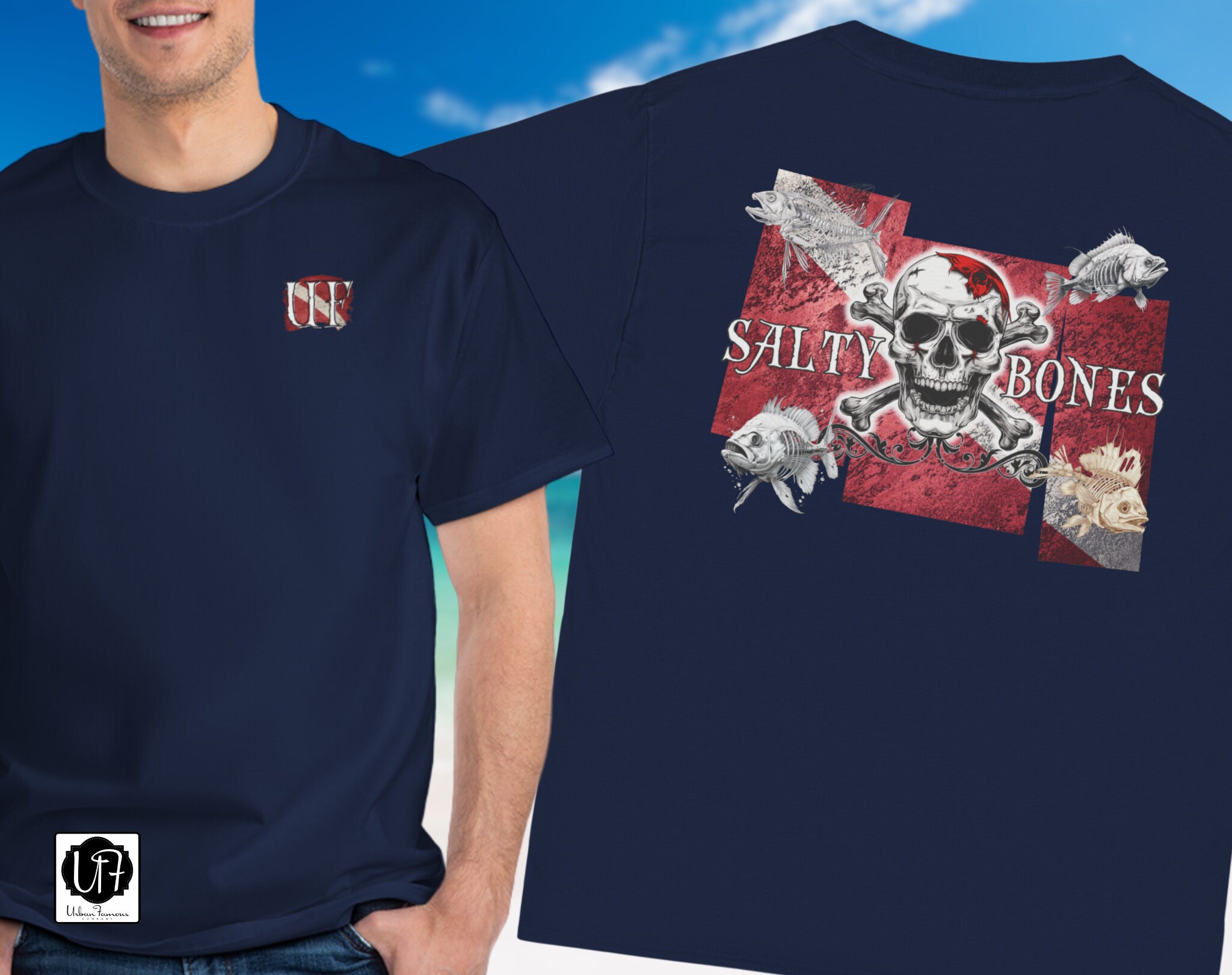 Salty Bones Dive Shirt Underwater Skull and Fish Bones Tshirt Deep Sea ...