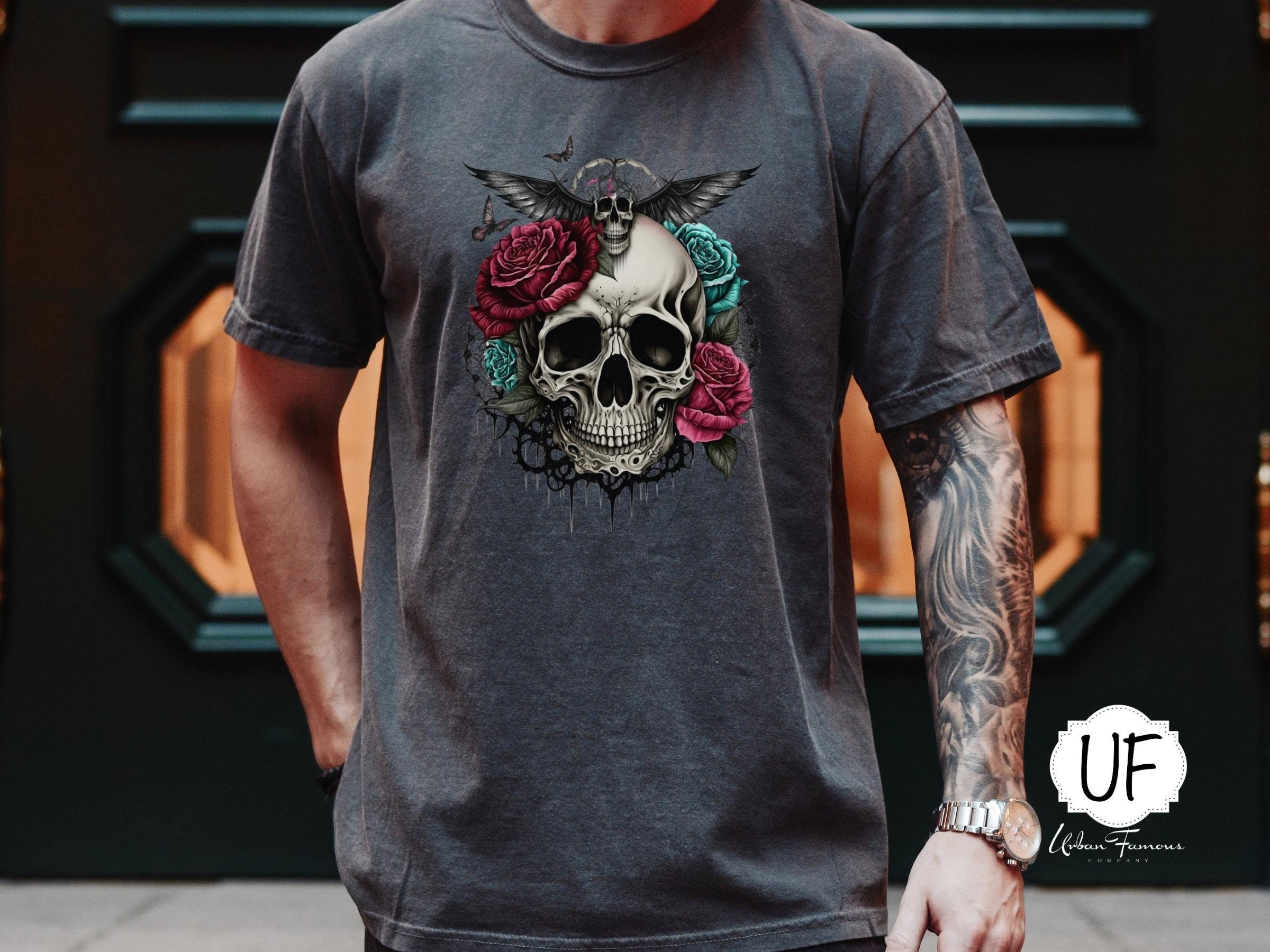 Goth Rose Skull Shirt Butterfly Punk Skull T-shirt Gothic Skeleton ...