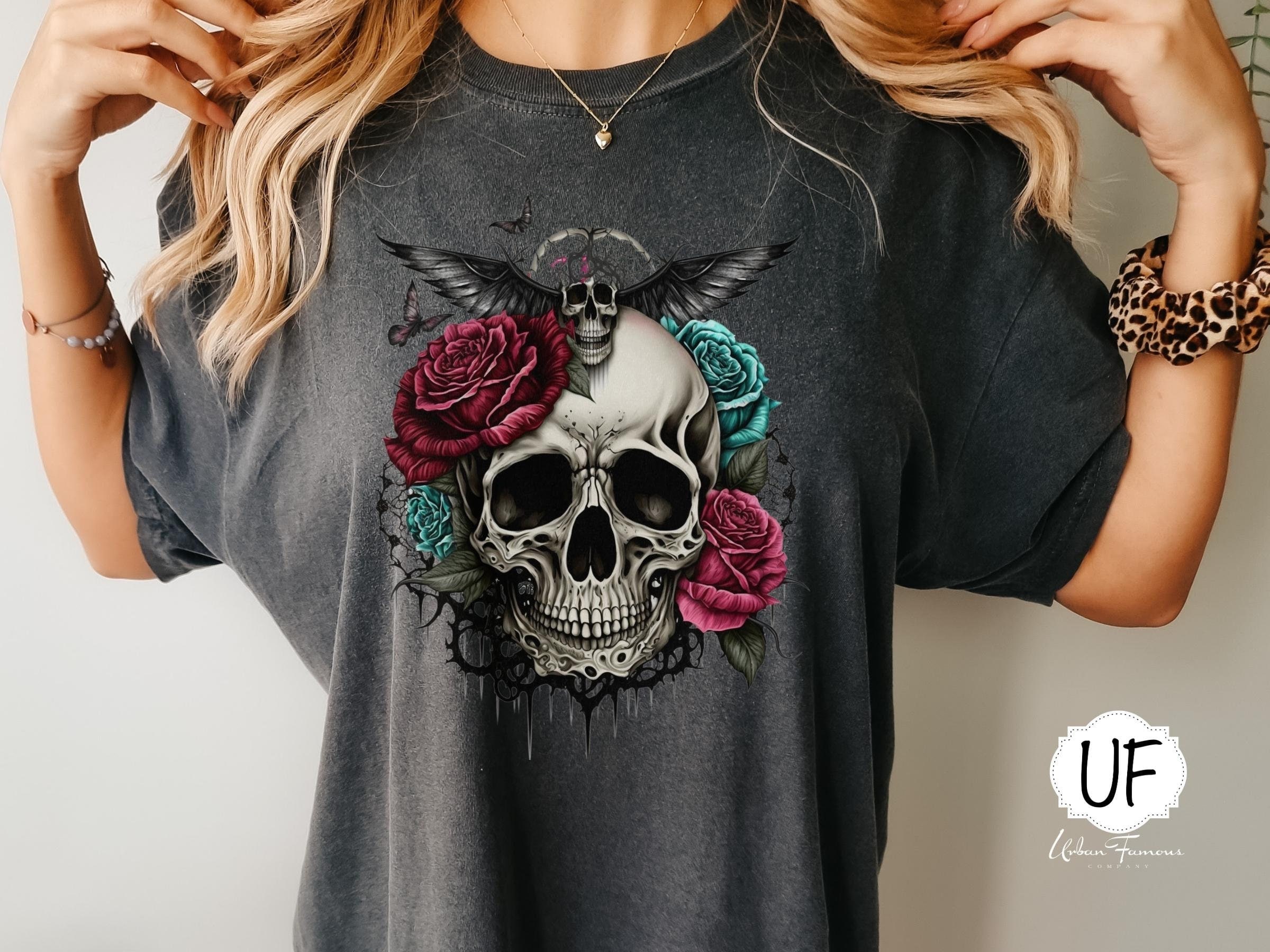 Goth Rose Skull Shirt Butterfly Punk Skull T-shirt Gothic Skeleton ...