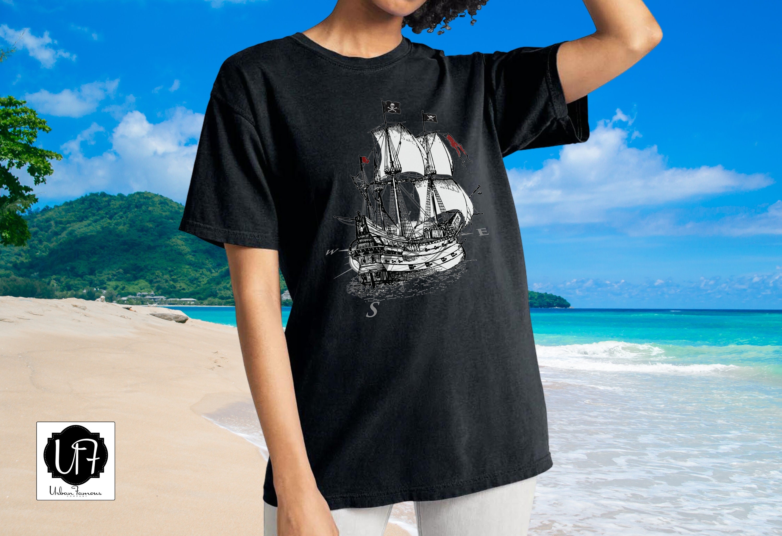 Pirate Ship Vintage T-shirt Pirate Ship in the Caribbean Sea Shirt ...