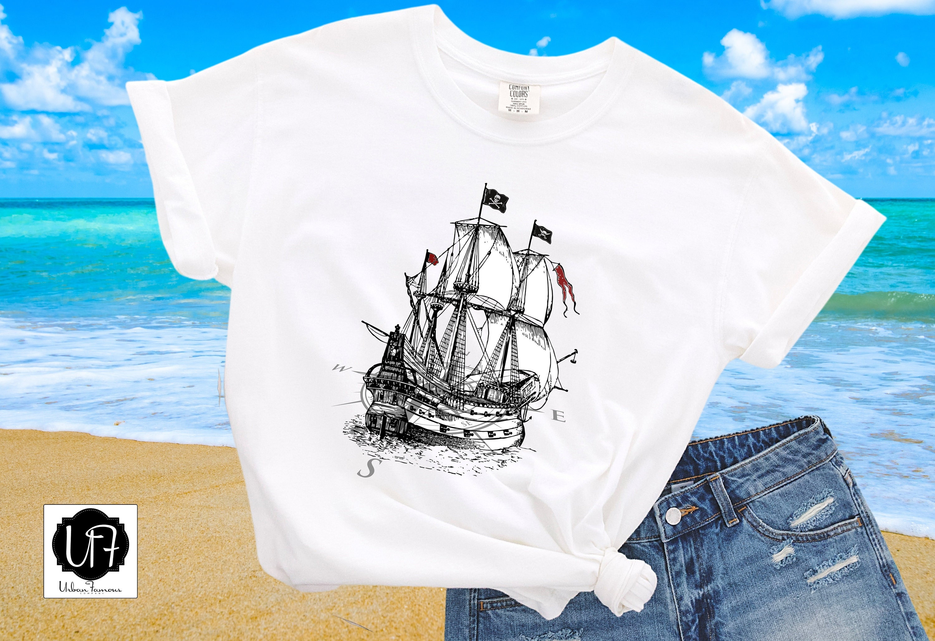 Pirate Ship Vintage T-shirt Pirate Ship in the Caribbean Sea Shirt ...