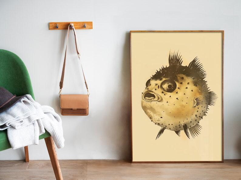 Retro Puffer Fish Poster Printable Fish Wall Art for Bathroom Print ...