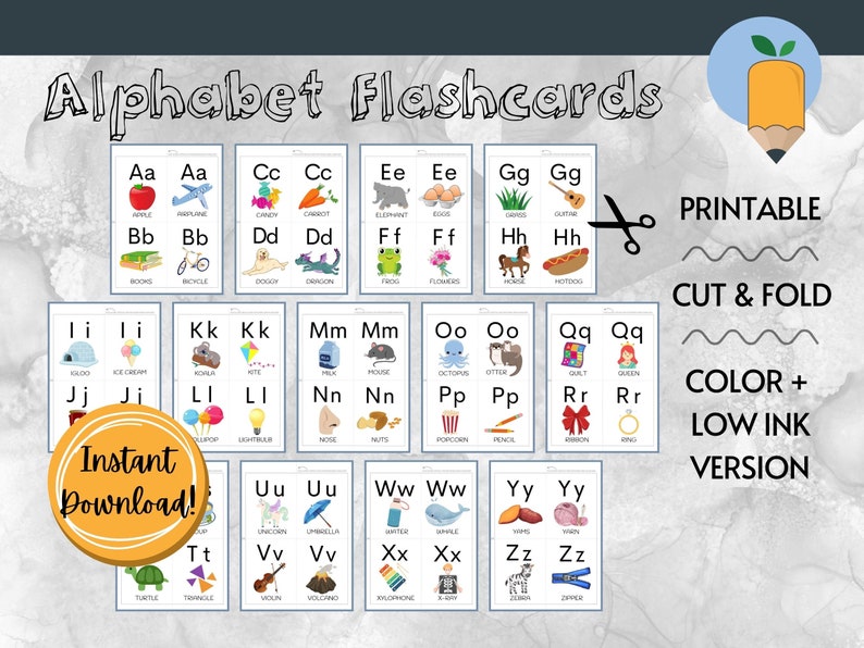 Alphabet Flash Cards Digital Download Printable for Preschool Toddler ...