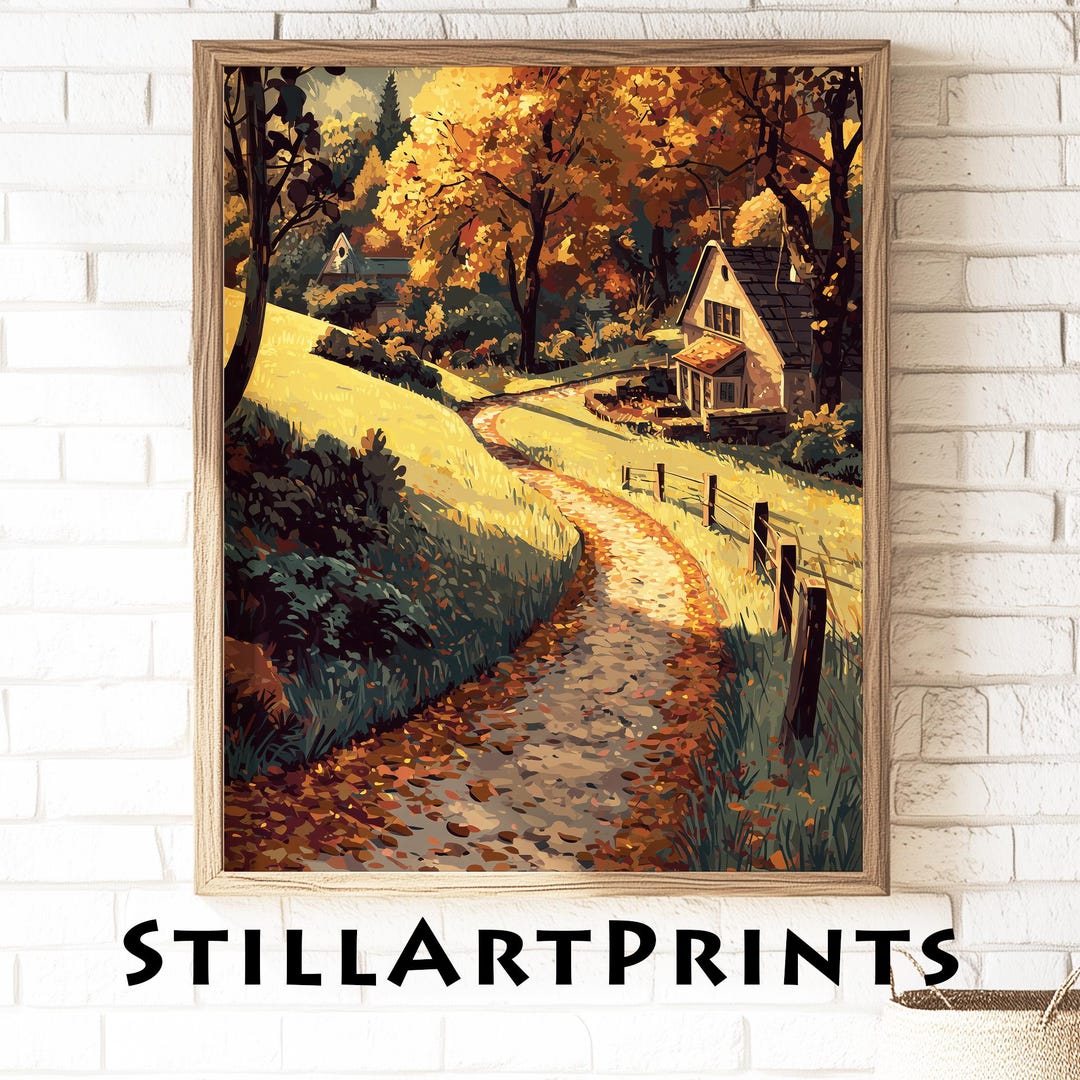Cottagecore Autumn Path to Cozy Cottage - Rustic Fall Landscape Art ...