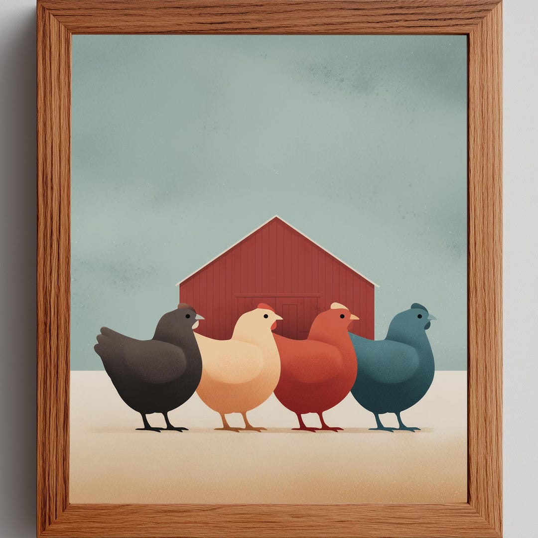 Minimalist Farm Animal Art Print - Cute Barnyard Chickens, Playful ...