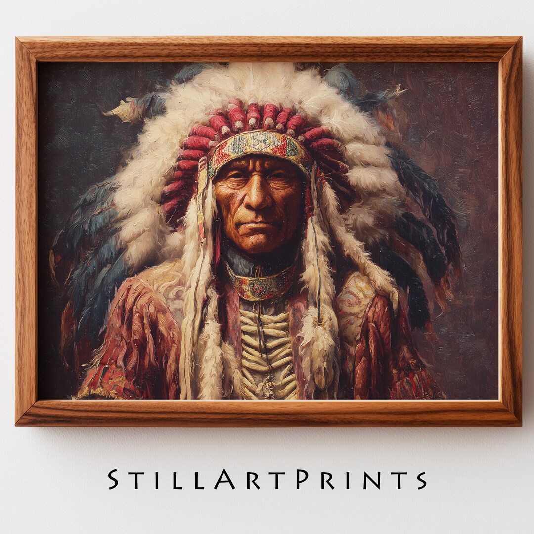 Vintage Native Chief Portrait - Stoic Male Figure With Feathered ...
