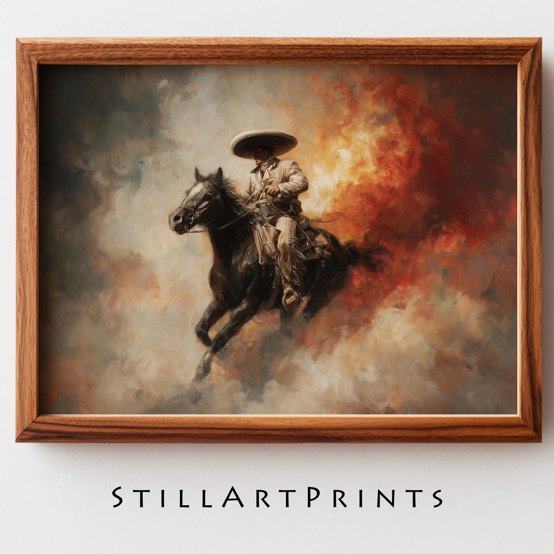 Dramatic Mexican Charro on Galloping Horse - Rustic Western Painting ...