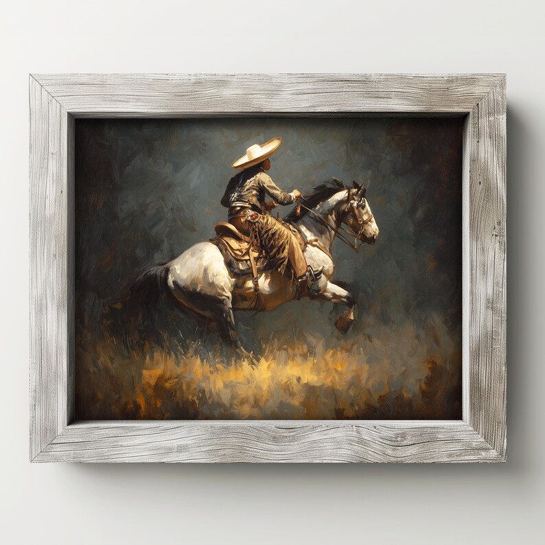 Rustic Mexican Charro on Rearing Horse Painting - Moody Western Art ...