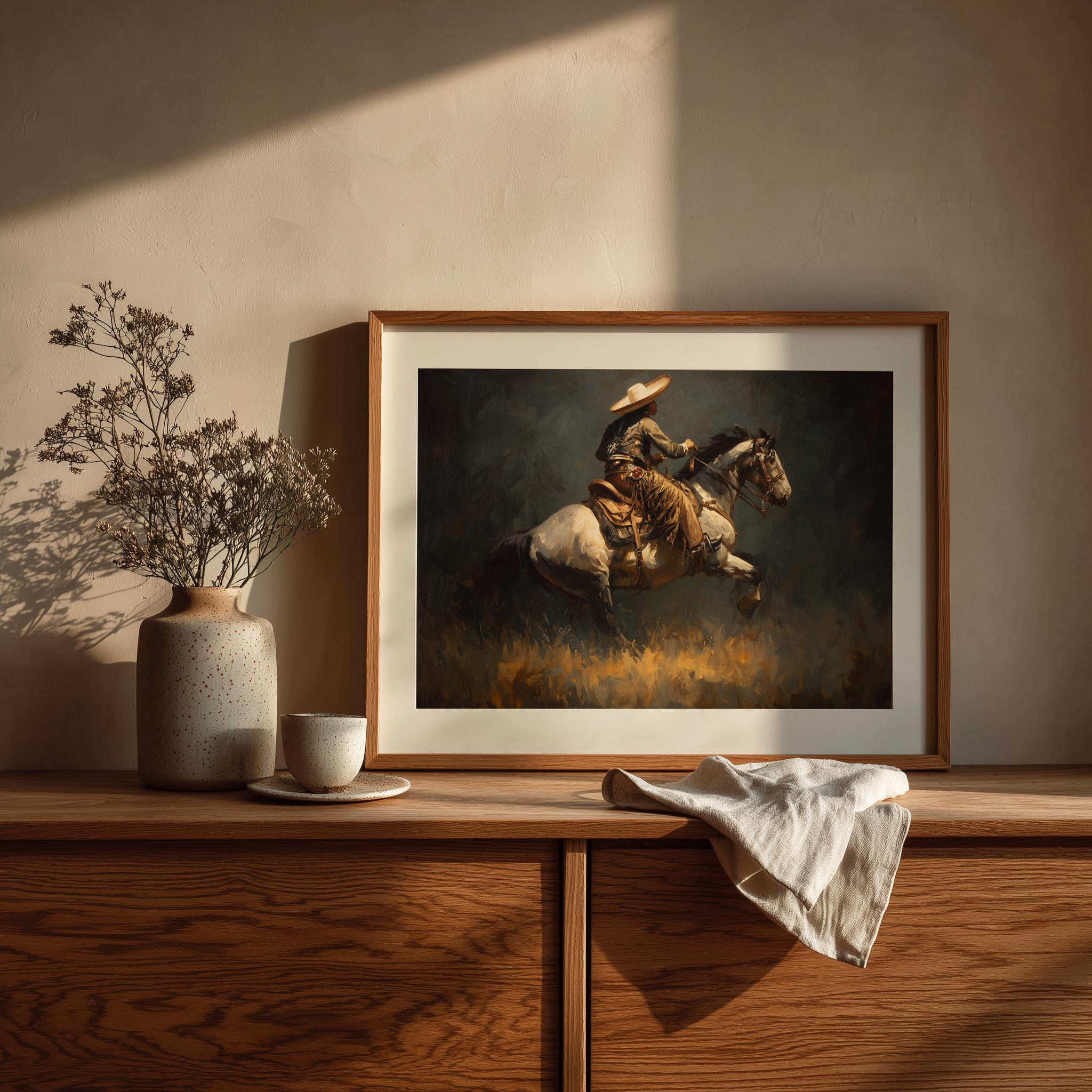 Rustic Mexican Charro on Rearing Horse Painting - Moody Western Art ...