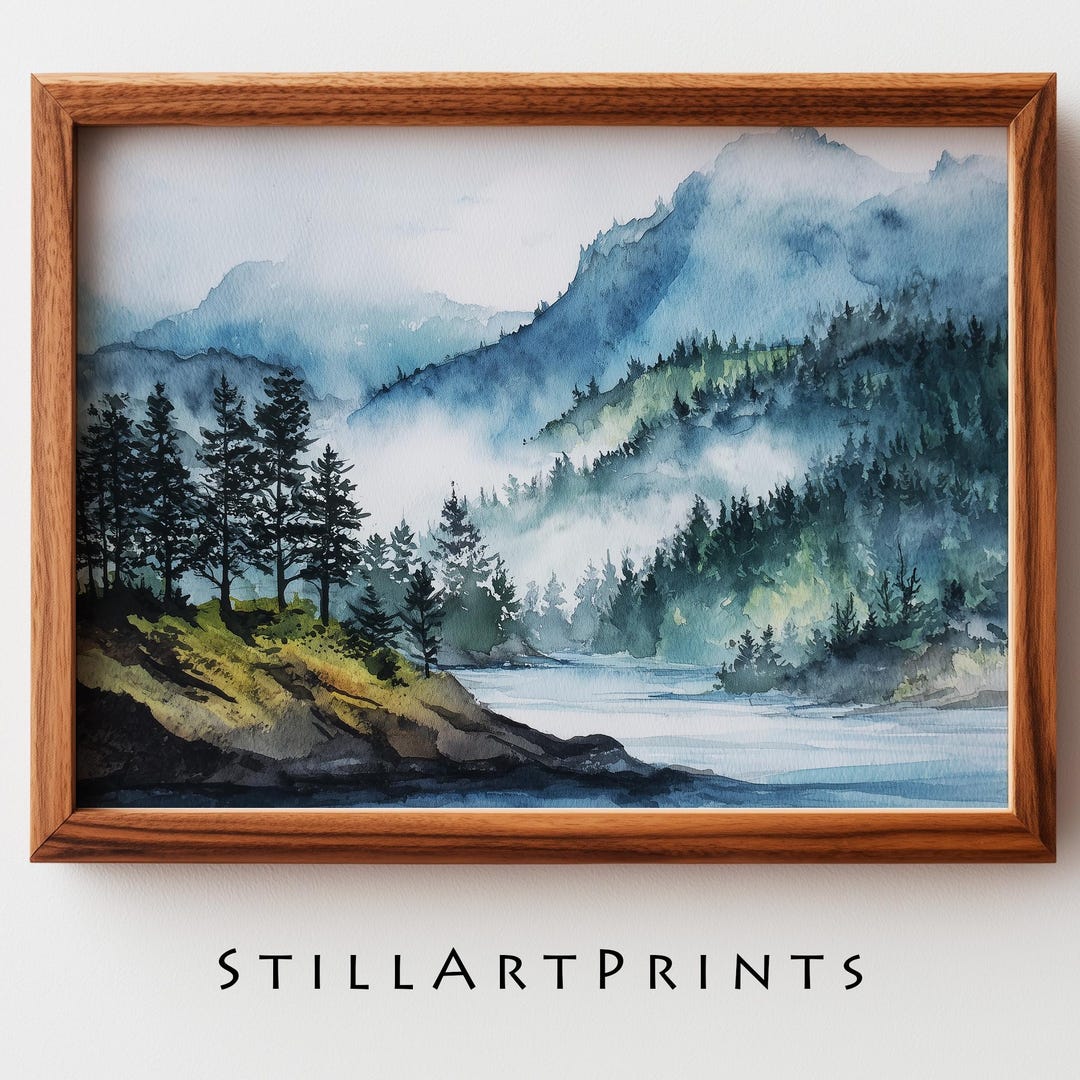 Spring Pacific Northwest Coast Watercolor - Moody Coastal Mountain ...