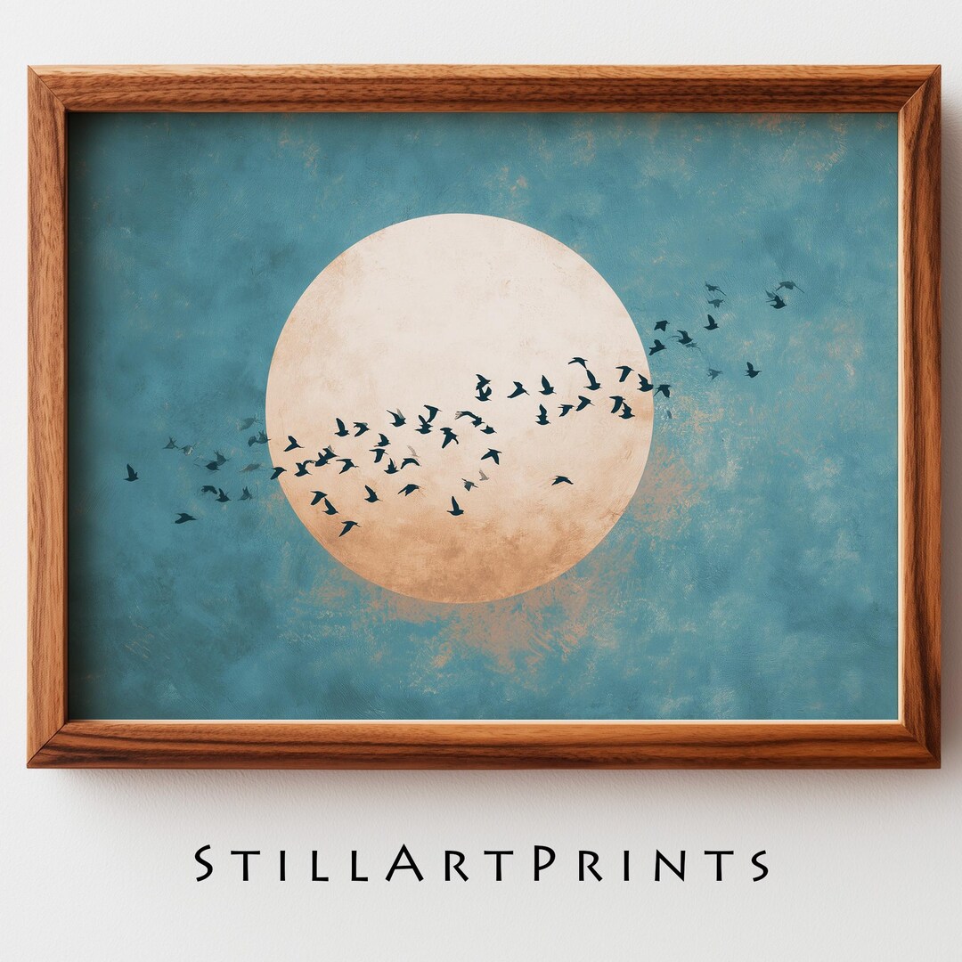 Spring Printable Flock of Birds Art, Minimalist Japandi Sun, Neutral ...