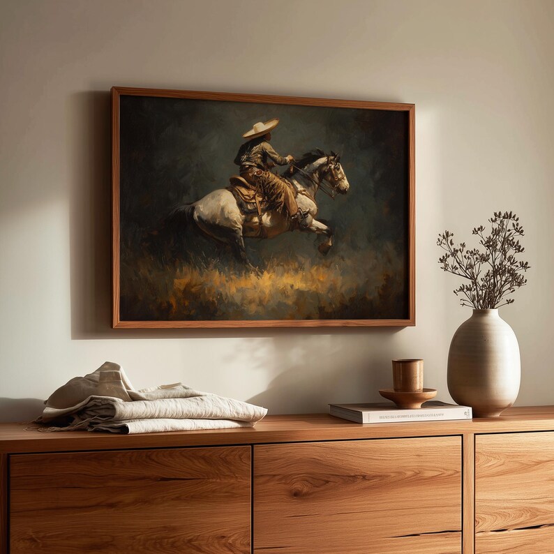 Rustic Mexican Charro on Rearing Horse Painting - Moody Western Art ...