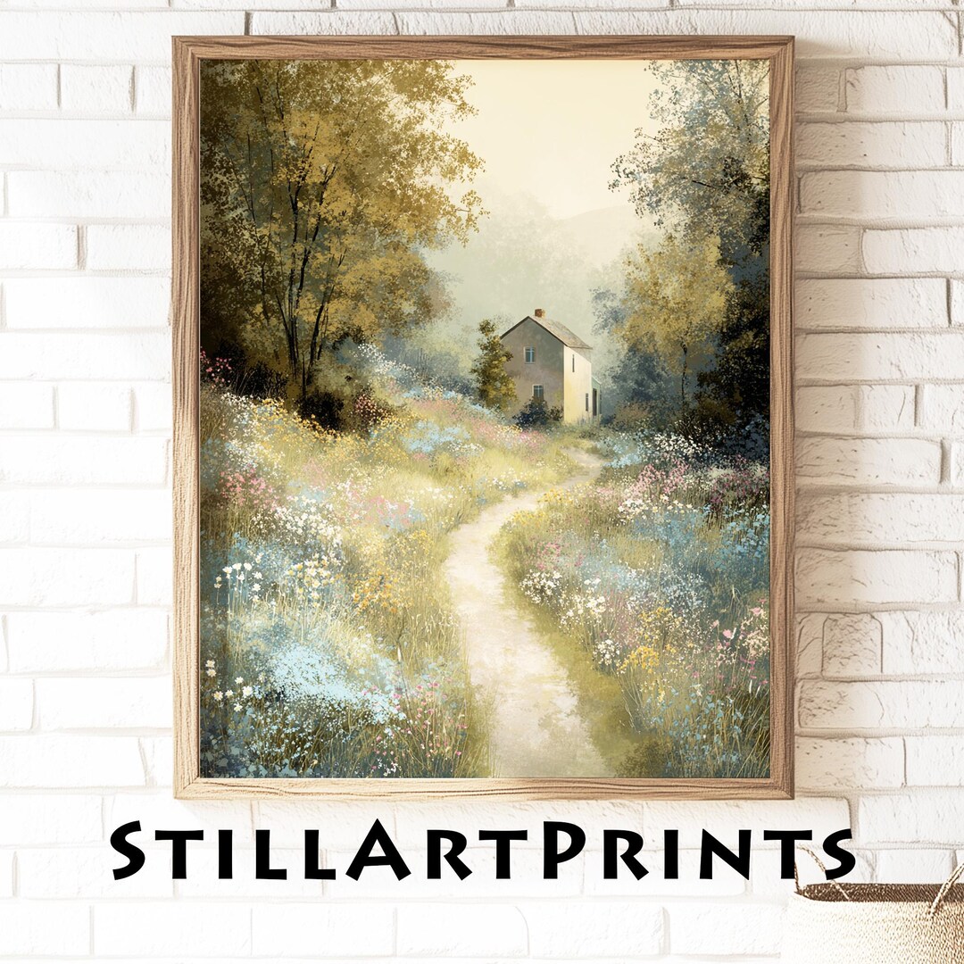 Rustic Cottagecore Winding Path, Cozy Pastoral Scene - Printable Meadow ...