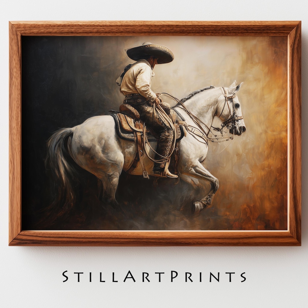 Mexican Charro on White Horse Painting - Rustic Vintage Equestrian Art ...
