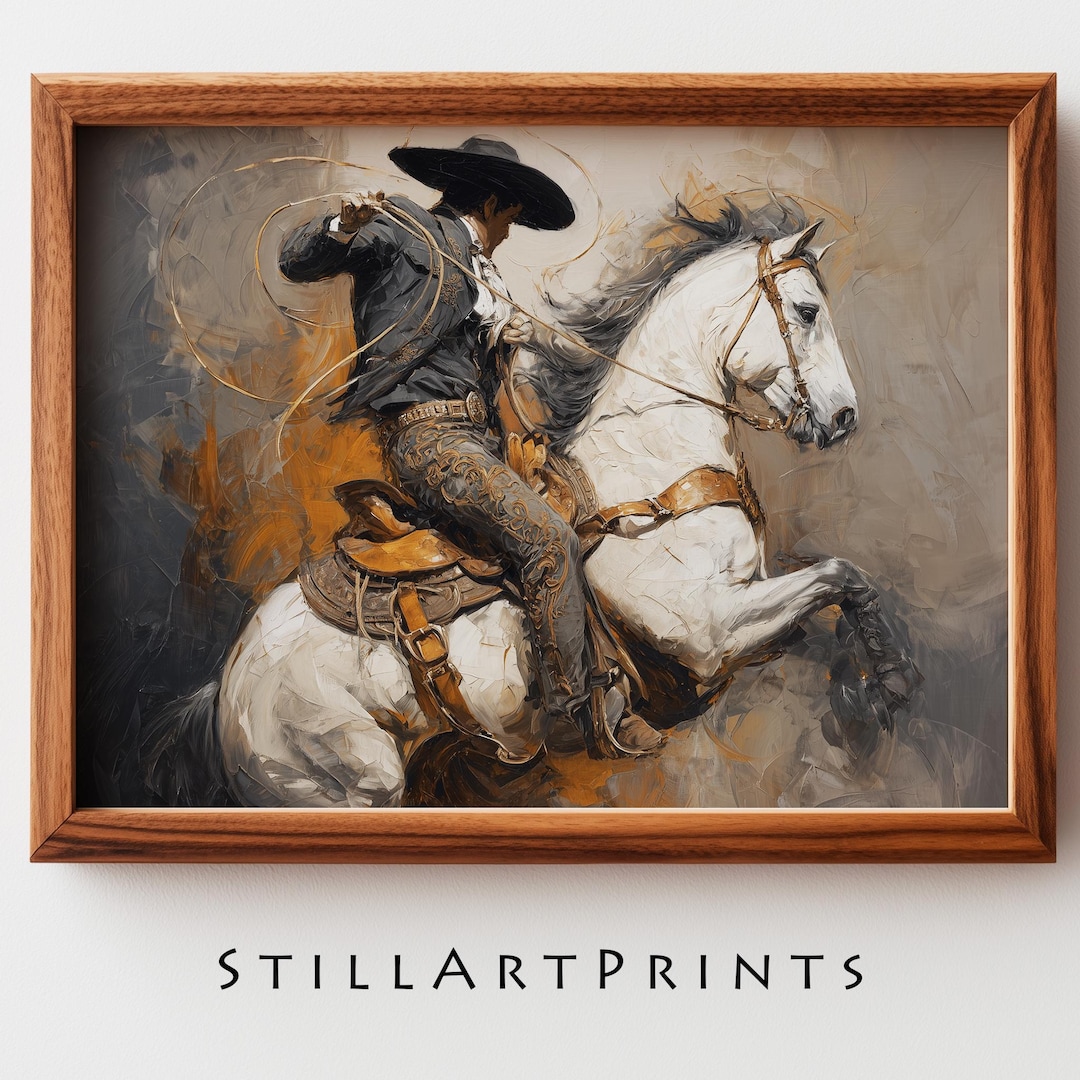 Mexican Charro on Rearing White Horse - Dramatic Traditional Artwork ...