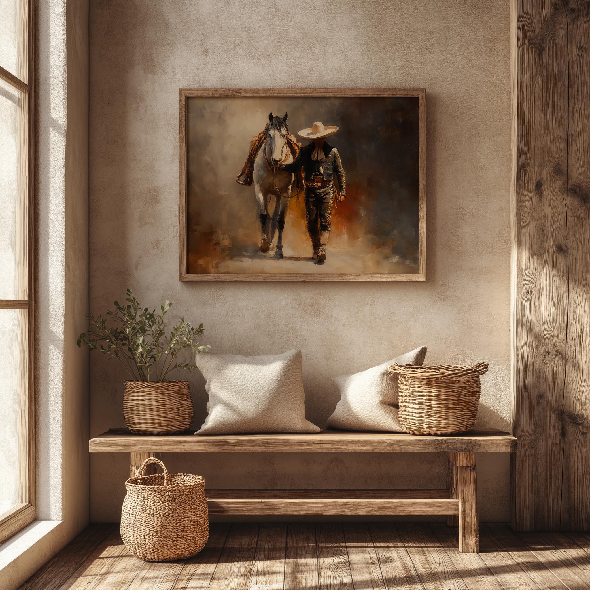 Rustic Mexican Charro Painting - Dramatic Cowboy and Horse in ...