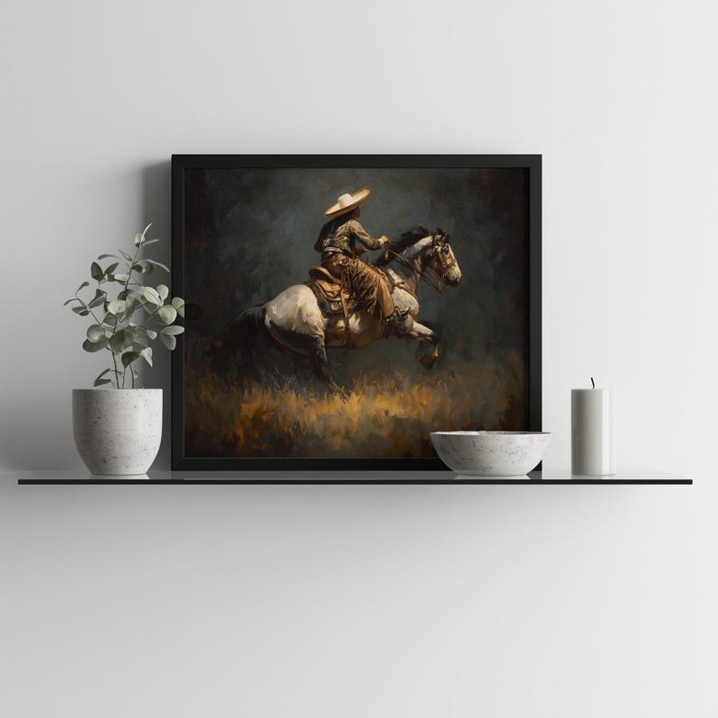 Rustic Mexican Charro on Rearing Horse Painting - Moody Western Art ...