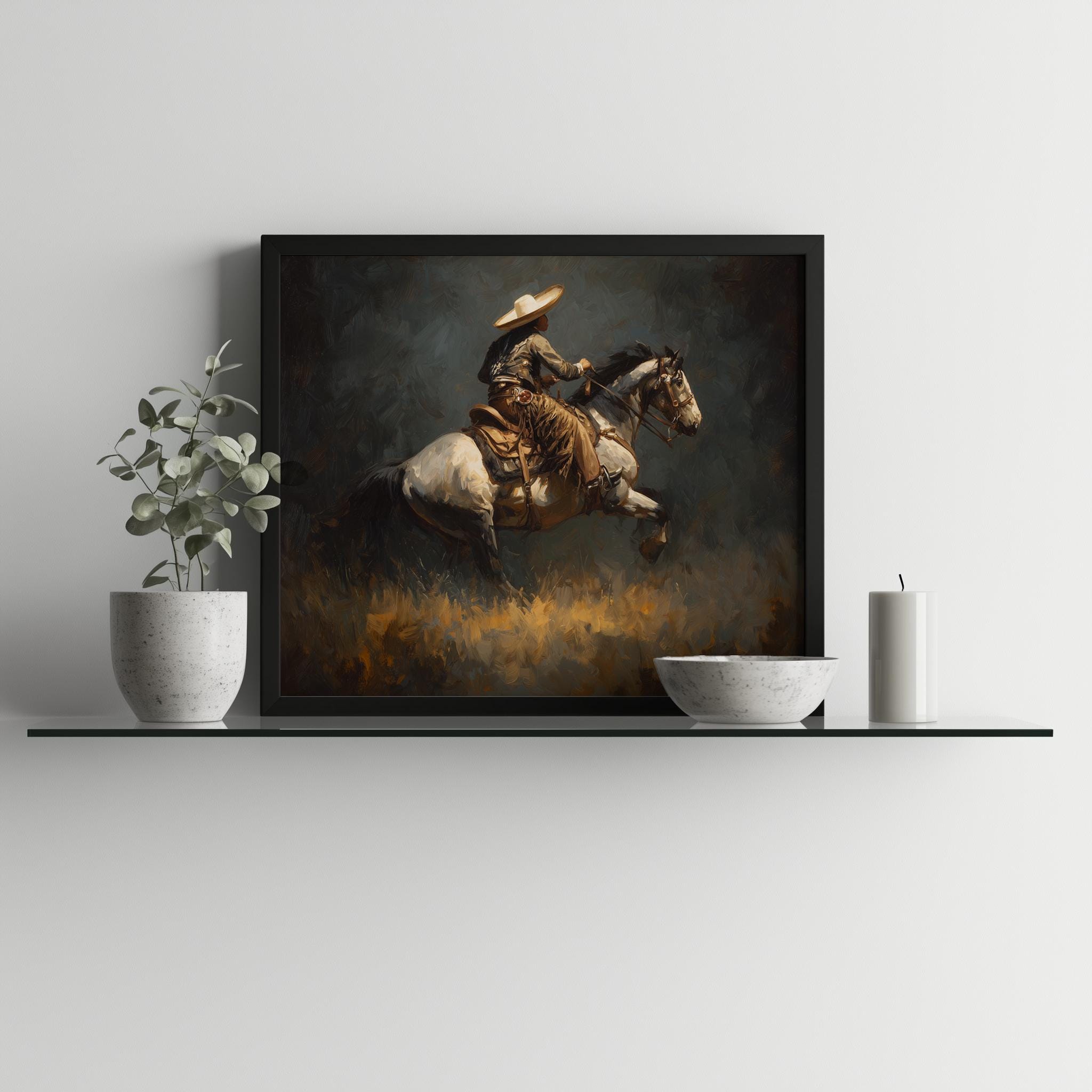 Rustic Mexican Charro on Rearing Horse Painting - Moody Western Art ...
