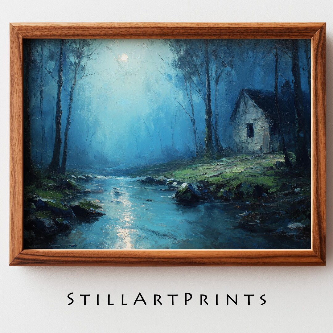 Rustic Country Moonlit Cabin Printable - Moody Nightscape Art, Tranquil ...