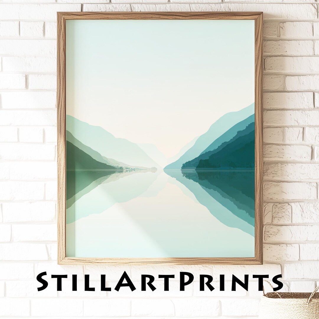 Minimalist Lake With Mirrored Mountains - Modern Calm Lake Scene ...