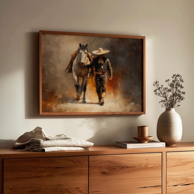 Rustic Mexican Charro Painting - Dramatic Cowboy and Horse in ...