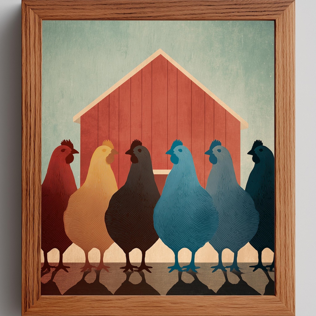 Vintage Farm Chickens With Red Barn Art, Cozy Minimalist Country Decor ...