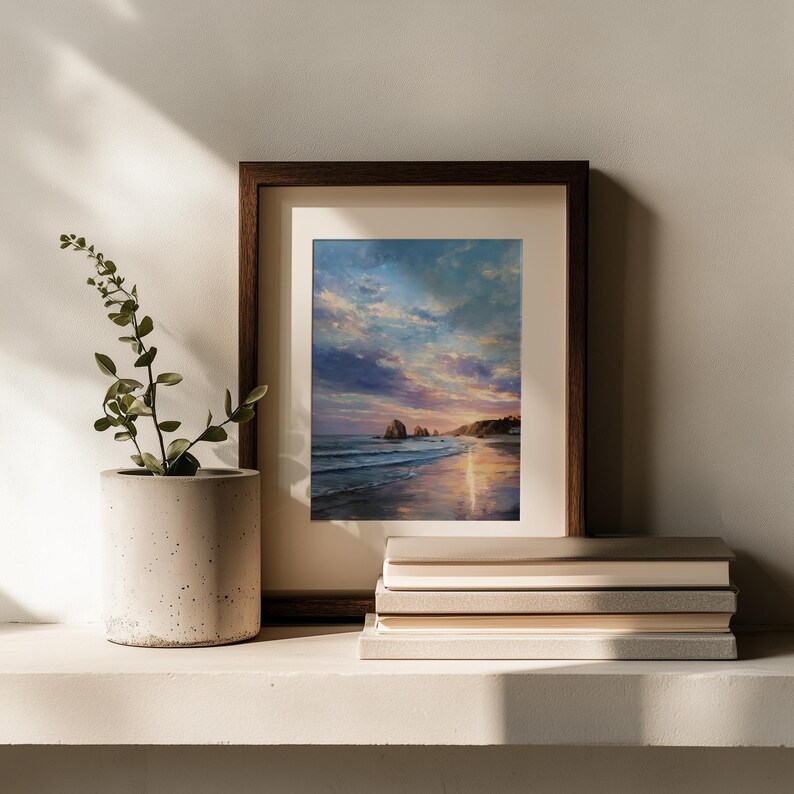 Moody Beach Sunset Watercolor - Serene Coastal Seascape, Reflective ...