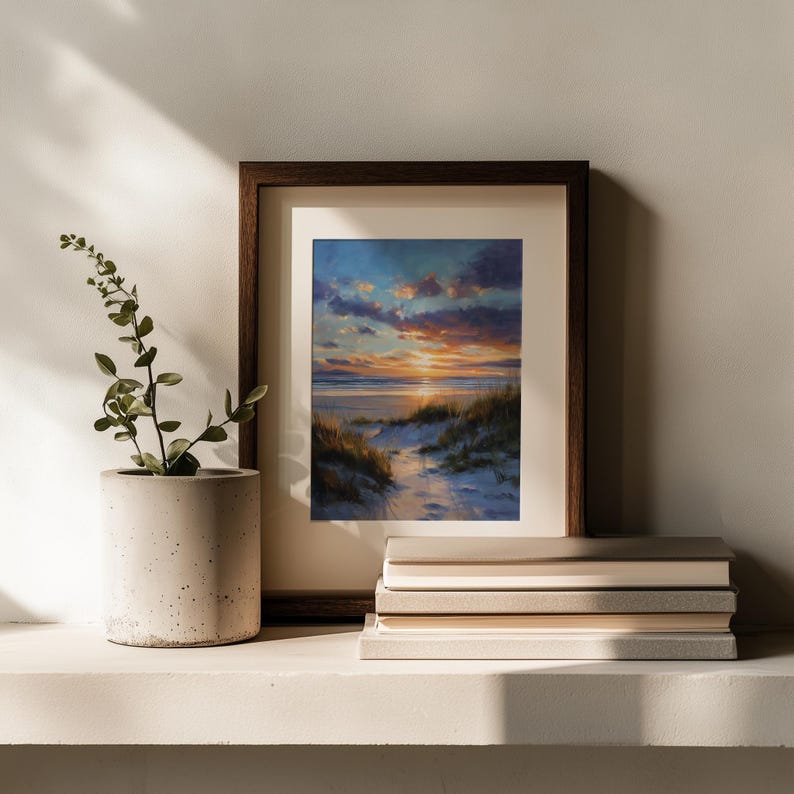 Moody Sunset Beach Seascape Printable - Earthy Coastal Watercolor ...