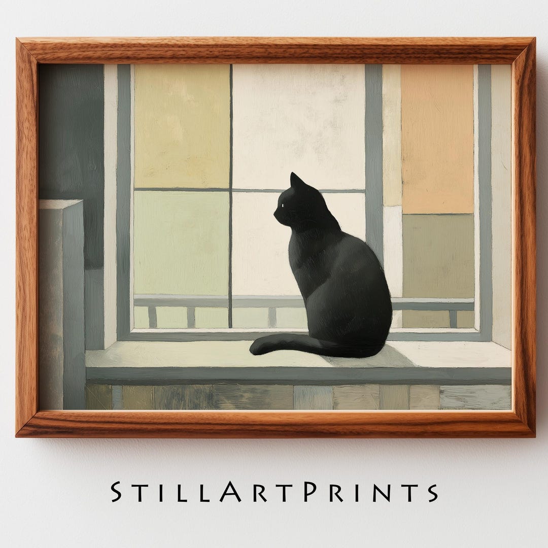 Japandi Minimalist Cat on Windowsill Painting - Calm Neutral Wall Art ...