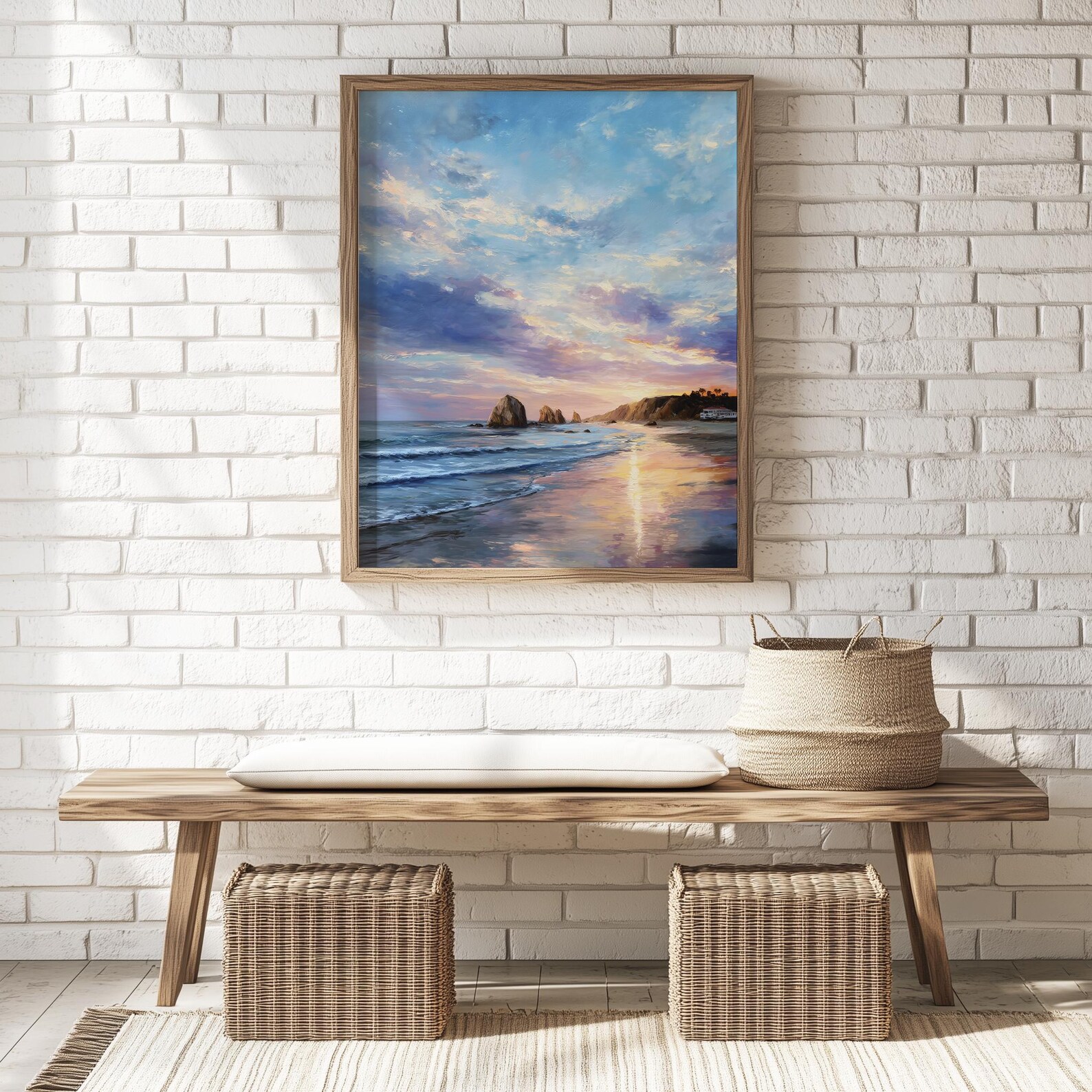 Moody Beach Sunset Watercolor - Serene Coastal Seascape, Reflective ...