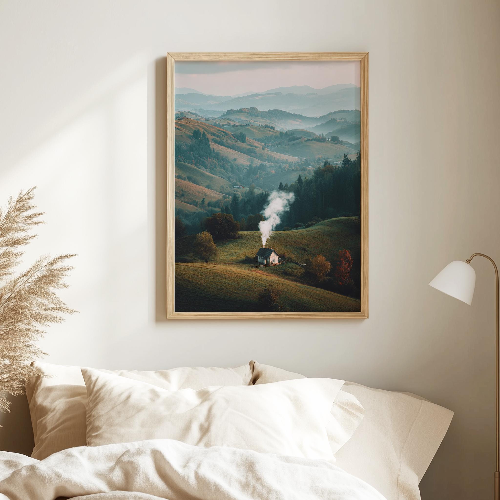 Rustic Autumn Landscape Printable - Cozy Country Cottage in Misty Hills ...