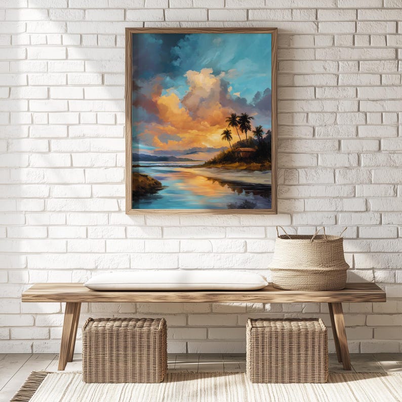 Tropical Beach Sunset Landscape - Moody Coastal Painting With Palm ...