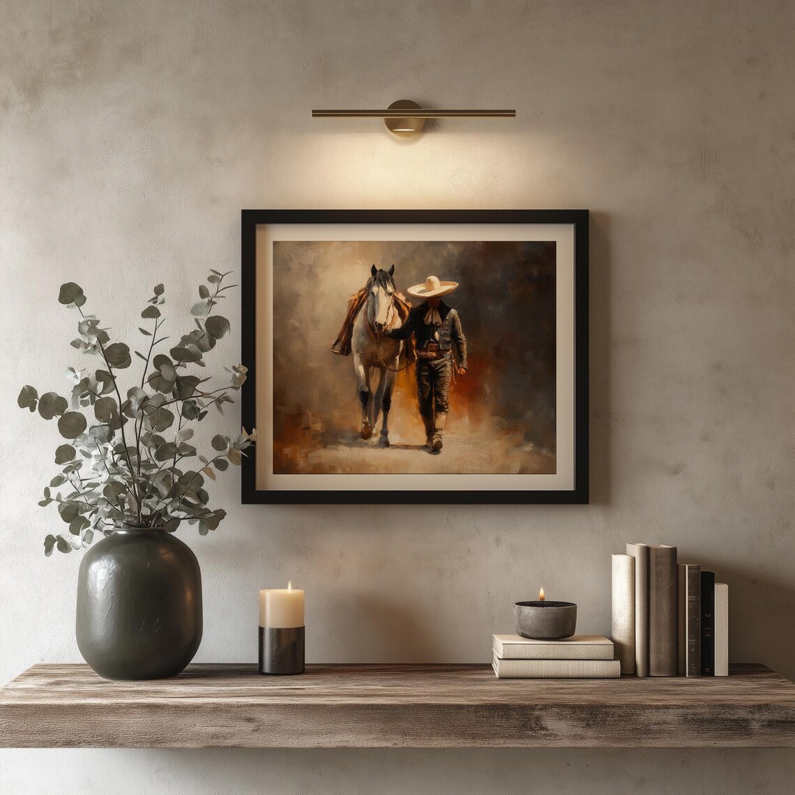 Rustic Mexican Charro Painting - Dramatic Cowboy and Horse in ...