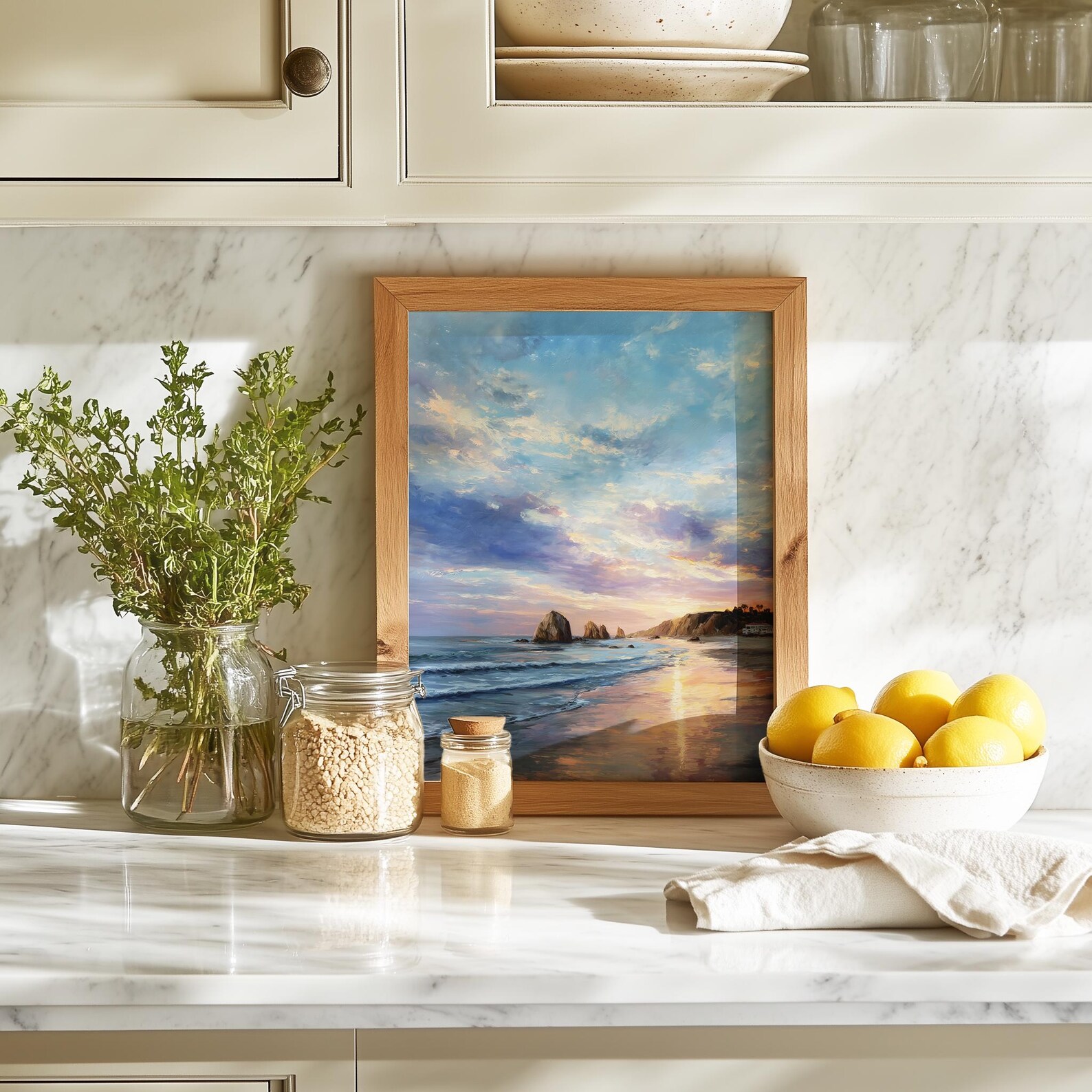 Moody Beach Sunset Watercolor - Serene Coastal Seascape, Reflective ...