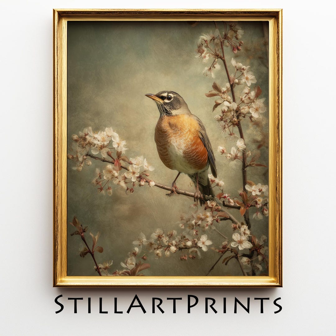 Vintage Botanical Robin Print, Cottagecore Bird on Flowering Branch ...
